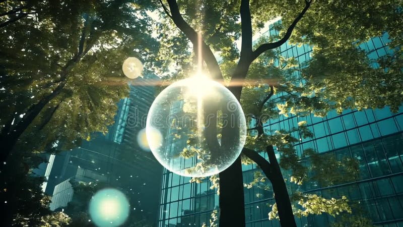 Reflecting Sphere Hanging Amongst the Trees with Modern Buildings in ...
