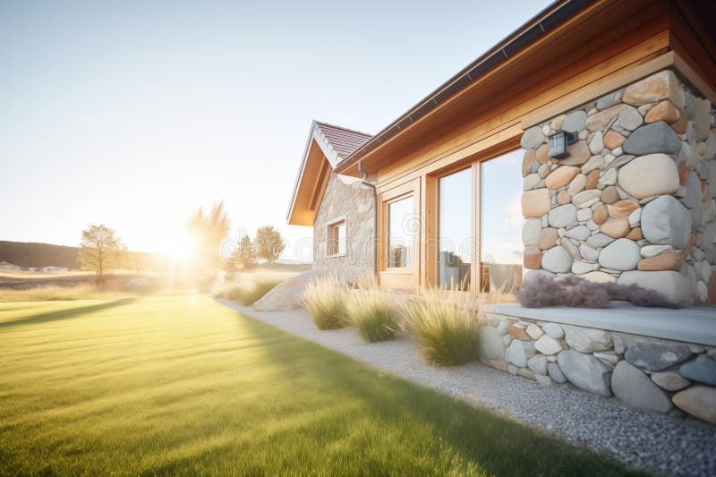 Sunlit Cabin Facade with Stone Foundation in Meadow Stock Photo - Image ...