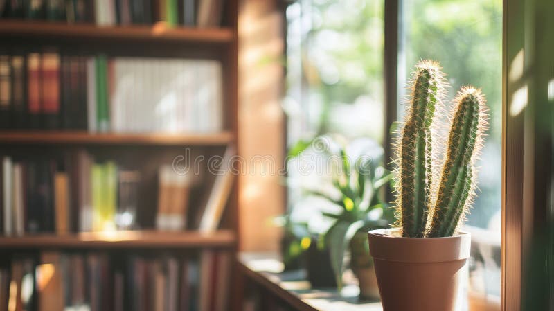 Sunlit Cactus in a Cozy Home Library with Books and Plants by the ...