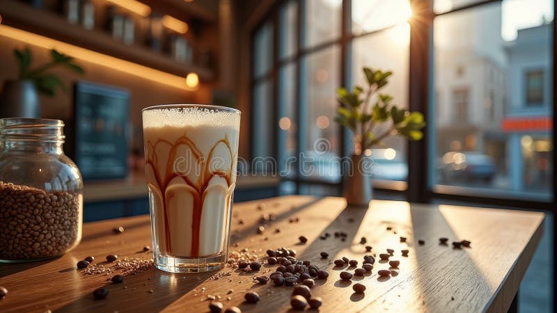 Sunlit Cafe Interior with Iced Coffee Glass and Coffee Beans at Sunset ...