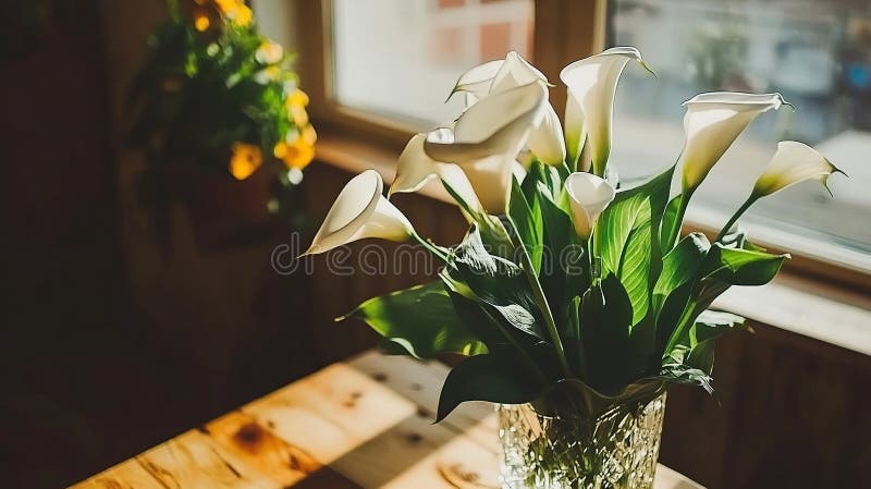 Sunlit Calla Lilies Vase Wooden Table Window Stock Photo - Image of ...