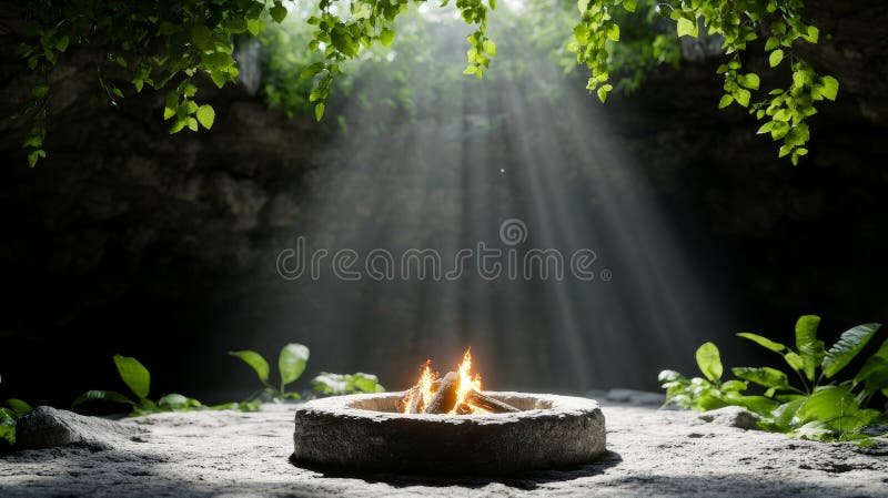 Sunlit Cave with Center Fire Pit and Lush Greenery Surrounding Stock ...