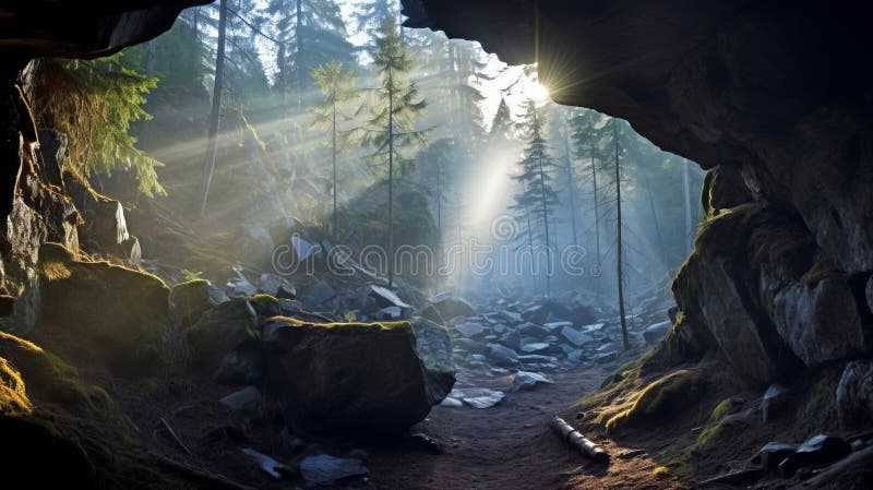 Sunlit Cave: a Misty Cabincore Escape with Trees and Rocks Stock ...
