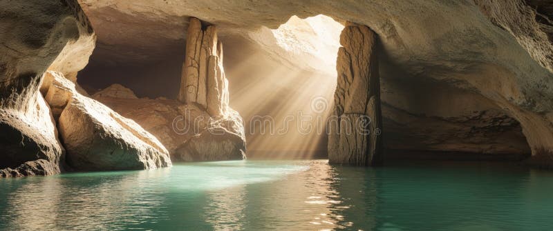 Sunlit Cave Pool with Stone Pillars Rising from Water Stock Photo ...