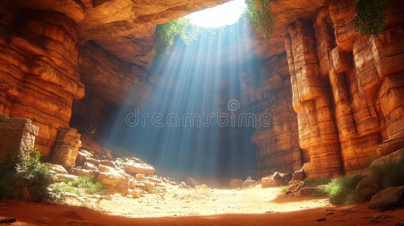 Sunlit Cave, Rocks, Light Beams, and Mystery Stock Illustration ...