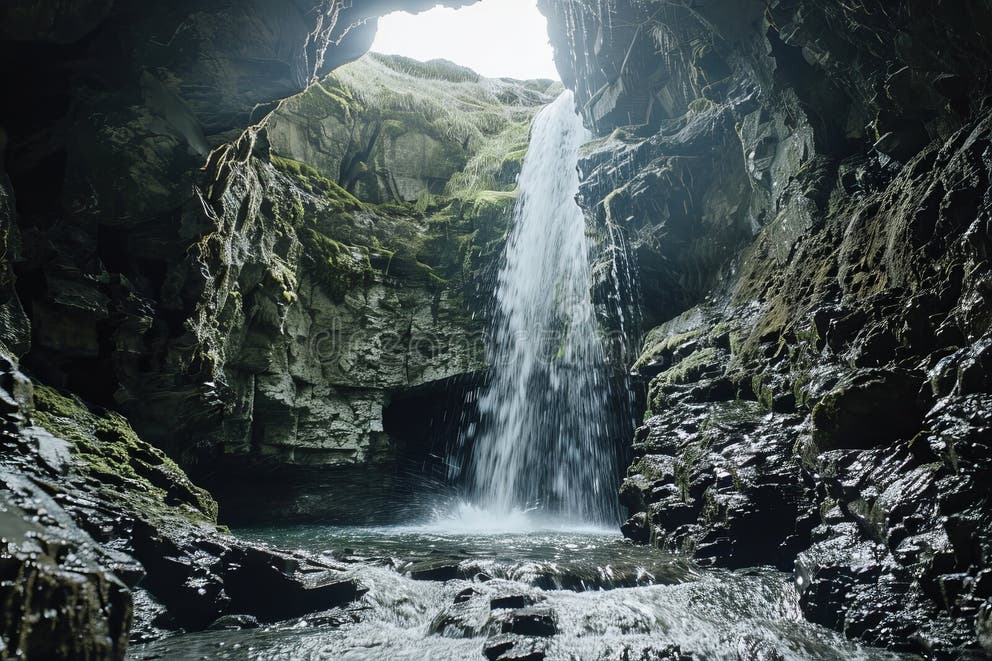 Sunlit Cave Waterfall Stunning Image of Underground River Captured in ...