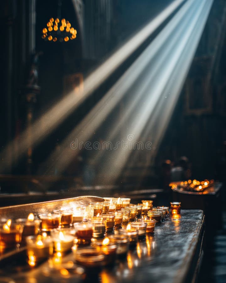 Sunlit Church Interior with Rows of Candles and Light Rays Stock ...