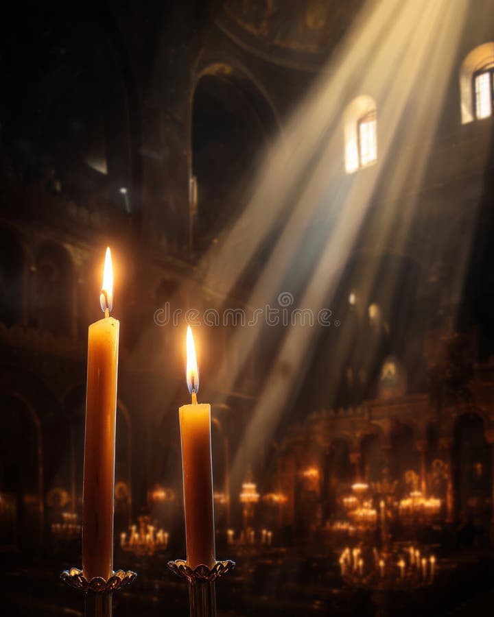 Sunlit Church Interior with Rows of Candles and Light Rays Stock ...