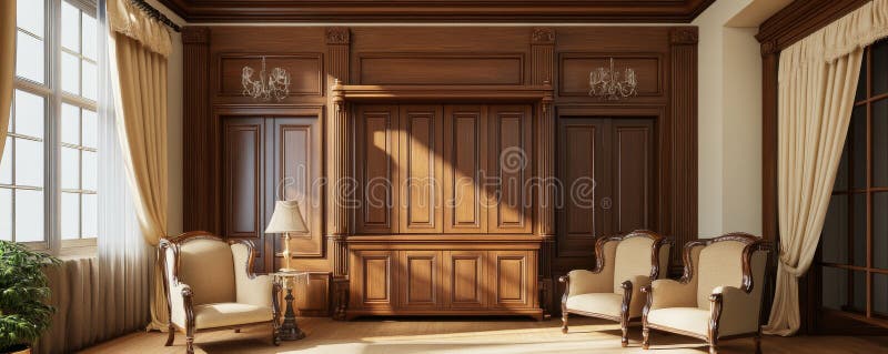 Sunlit Classic Wooden Paneling Room Interior, 3D Render, Classical ...