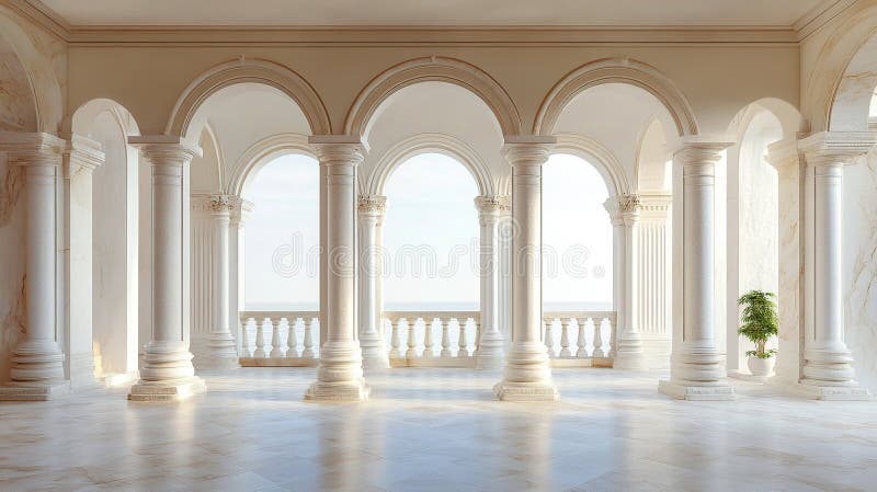 Sunlit Classical Colonnade Balcony Overlooking Ocean Stock Illustration ...