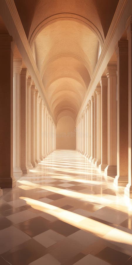 Sunlit Classical Corridor with Majestic Columns and Arched Ceiling ...