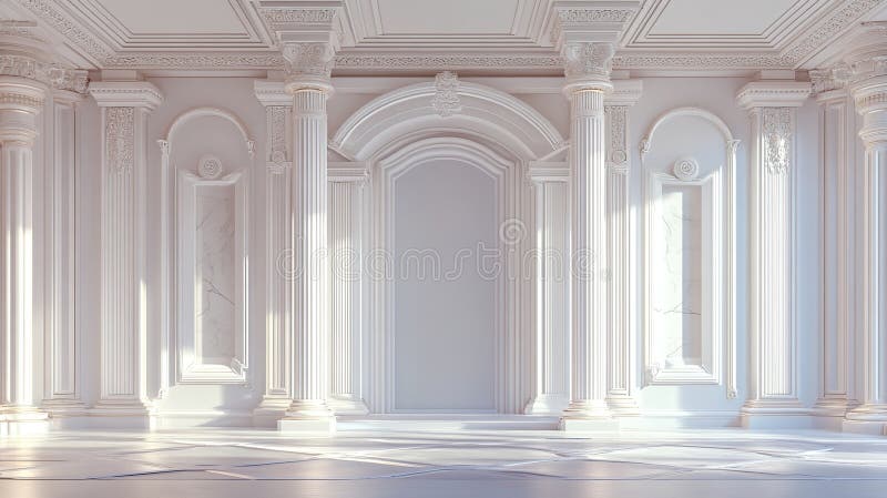 Sunlit Classical Interior with White Marble Columns and Arched Doorways ...