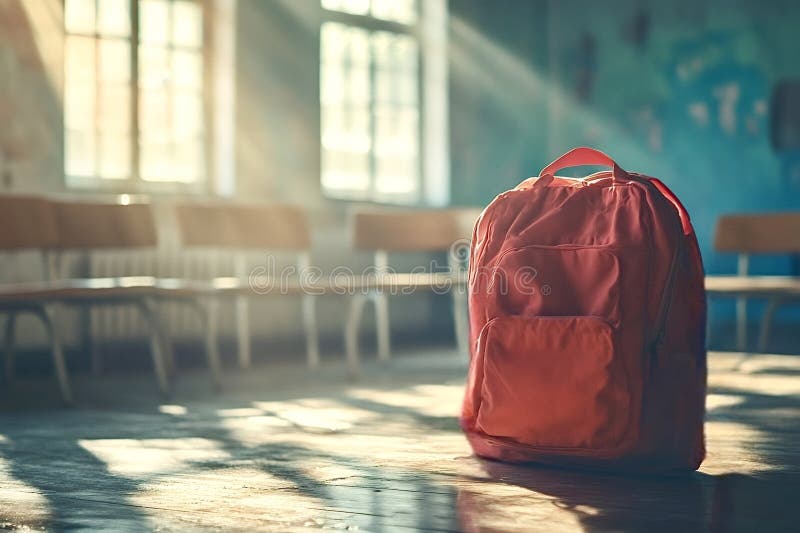 Sunlit Classroom with Abandoned Backpack on Floor Stock Image - Image ...
