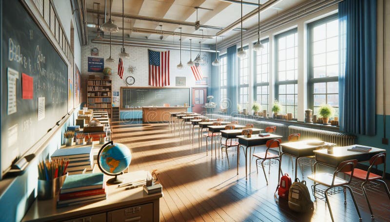 Sunlit Classroom with American Flag Shows a Welcoming Educational ...