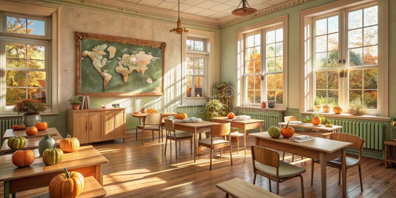 Sunlit Classroom with Autumnal Decor and World Map. Generative AI Stock ...