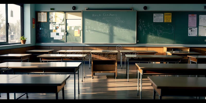 Sunlit Classroom Desks and Chalkboard Education Image Stock ...