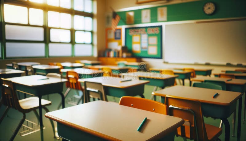 Sunlit Classroom with Empty Desks Stock Photo - Image of chalkboard ...
