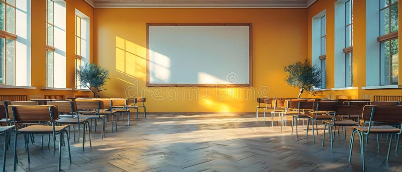 Sunlit Classroom with Empty Smartboard Ready for Learning. Concept ...