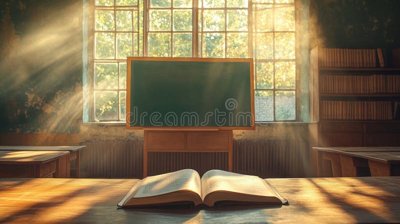 A Sunlit Classroom Featuring an Open Book and a Chalkboard, Evoking ...