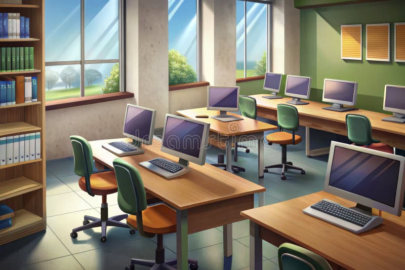 A Sunlit Classroom Filled with Computers and Books Stock Photo - Image ...