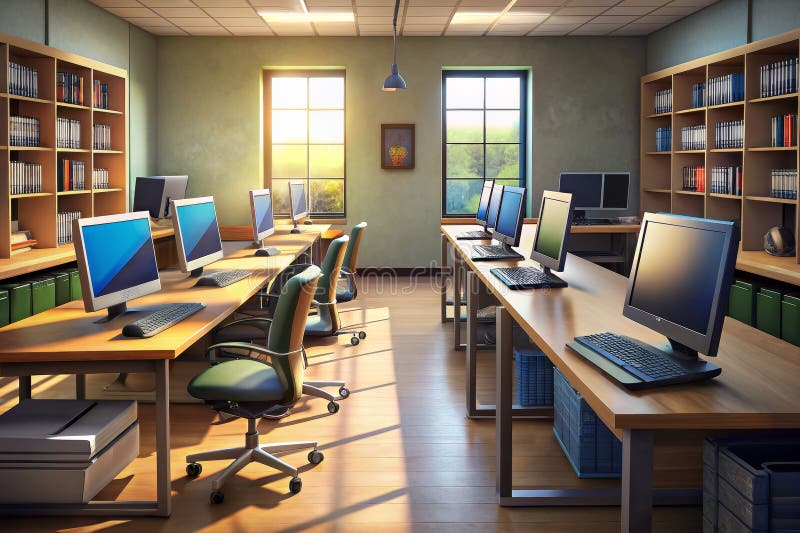 A Sunlit Classroom Filled with Computers and Books Stock Image - Image ...