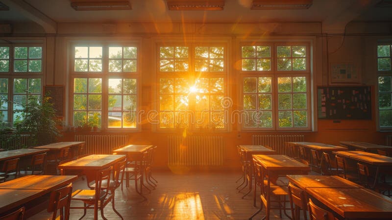 Sunlit Classroom Interior with Desks and Windows - Generative AI Stock ... Sunlit Classroom Interior with Desks and Windows - Generative AI Stock ...