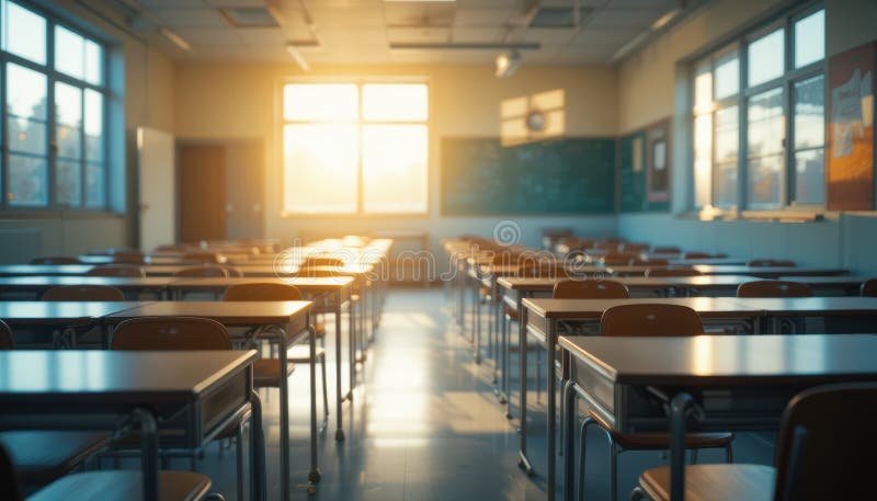 Sunlit Classroom Interior with Empty Desks and Chairs Ready for ...