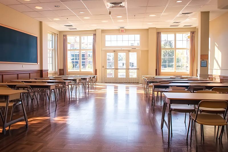 Sunlit Classroom Interior: Rows of Desks and Large Windows Offering a ...