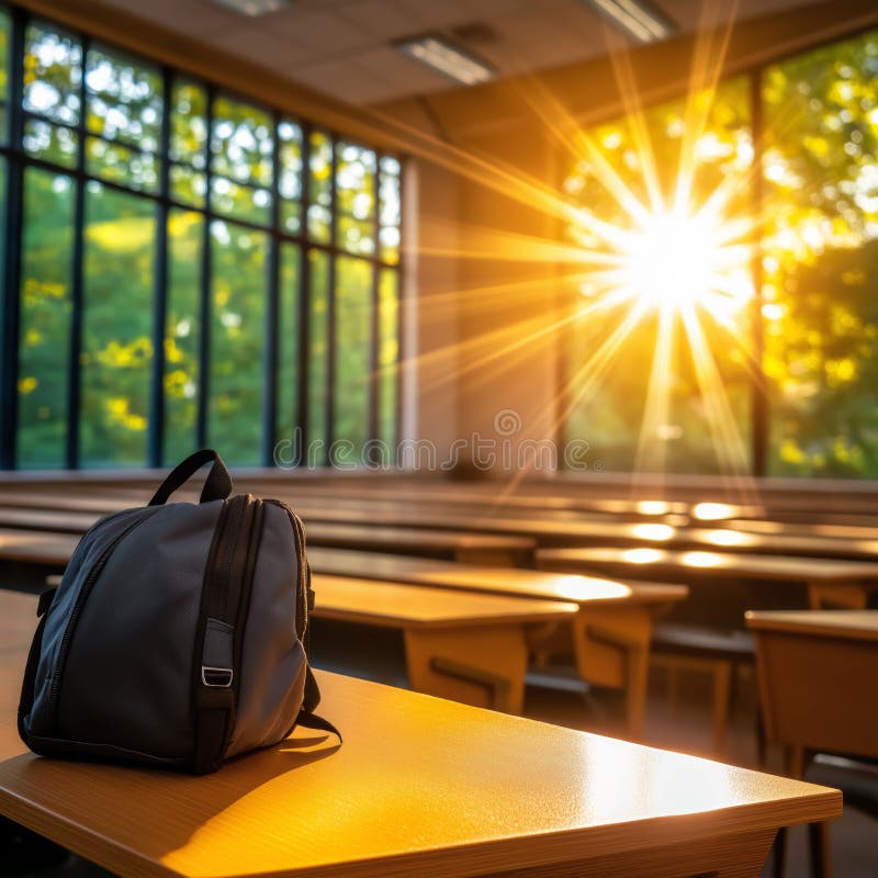 Sunlit Classroom Scene: a Black Backpack on a Wooden Table Stock Image ...