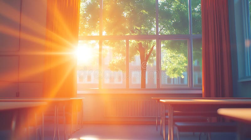 Sunlit Classroom Window View: Peaceful Morning in an Empty School Room ...