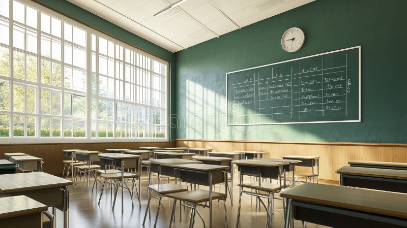Sunlit Classroom with Wooden Desks and Chalkboard in an Educational ...