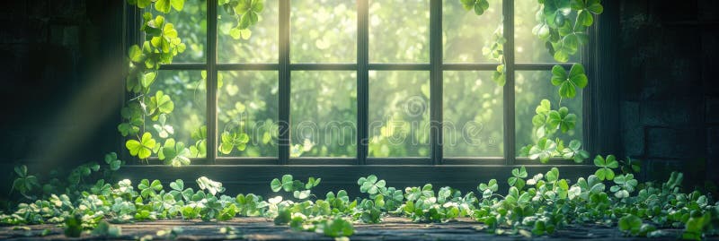 Sunlit Clover Leaves Framing a Window with Lush Greenery and Soft Light ...