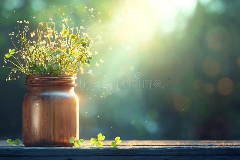 Sunlit Clover in Rustic Jar, Spring Nature - Bokeh and Light Effects ...