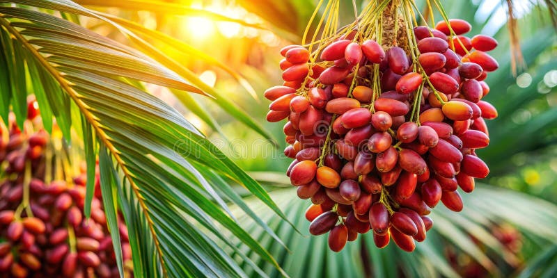 Sunlit Cluster of Ripe Red Dates Hanging from a Palm Tree Branch ...