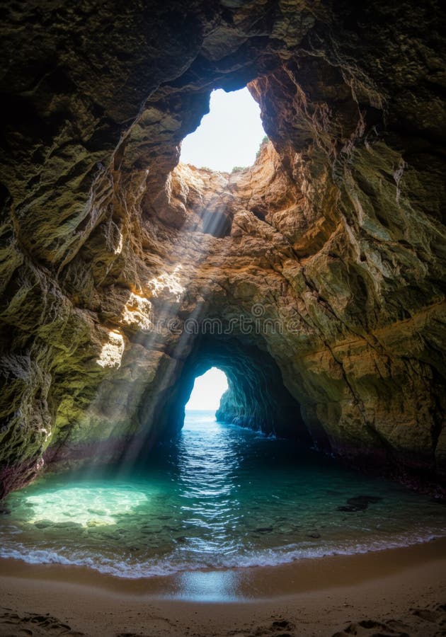 Sunlit Coastal Cave Entrance with Turquoise Water Stock Illustration ...