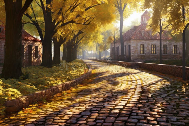 Sunlit Cobblestone Path Curving through a Scenic Park Stock ...