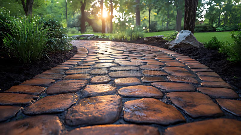 Sunlit Cobblestone Path, Park Setting, Landscaping Design, Sunset Glow ...
