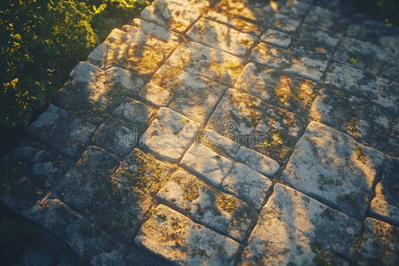 Sunlit Cobblestone Pathway with Mossy Texture and Dappled Shadows Stock Photo - Image of stone ...