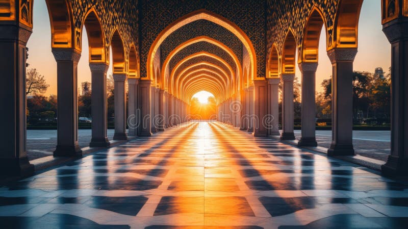 Sunlit Colonnade Archway Golden Sunset Pathway Stock Illustration ...