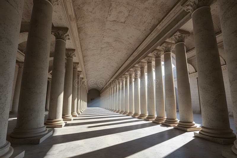 Sunlit Columns Cast Shadows in Endless Hall Stock Illustration ...