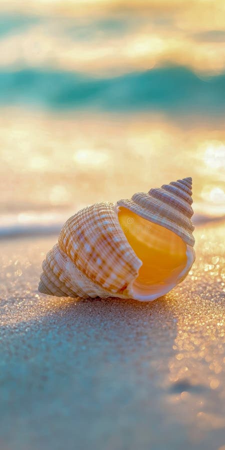 Sunlit Conch Shell on Beach Sand with Soft Ocean Waves Stock Image ...