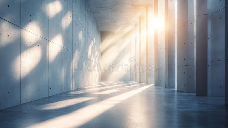 Sunlit Concrete Corridor with Geometric Columns Stock Illustration ...