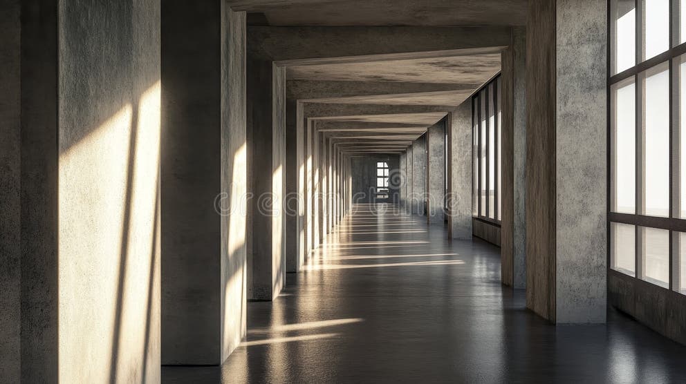 Sunlit Concrete Corridor a Long Sunlit Corridor with Concrete Pillars ...