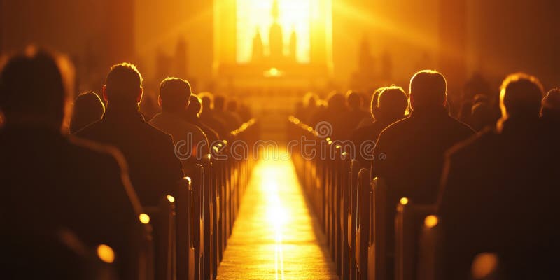 Sunlit Congregation in Serene Worship Setting, Rows of People Facing ...