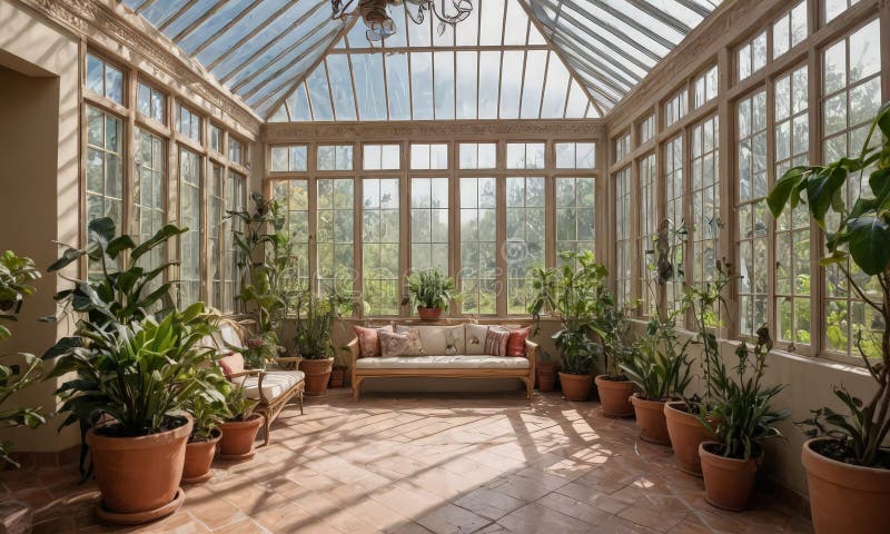 Sunlit Conservatory Features High Glass Ceiling, Large Windows, and ...