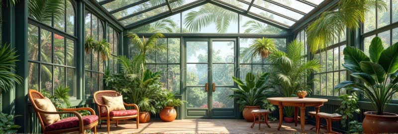 Sunlit Conservatory with Lush Tropical Plants and Cozy Seating Area ...
