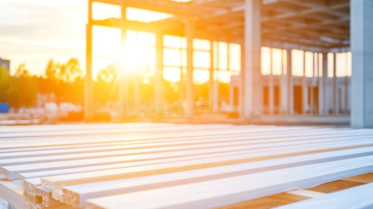 Sunlit Construction Site with Stacks of Materials and Metal Framework ...