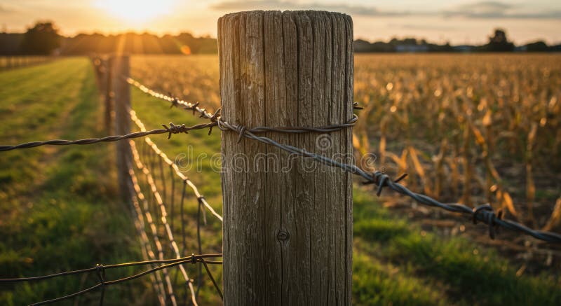 Sunlit Cornfield and Fence Post at Golden Hour Stock Image - Image of ...