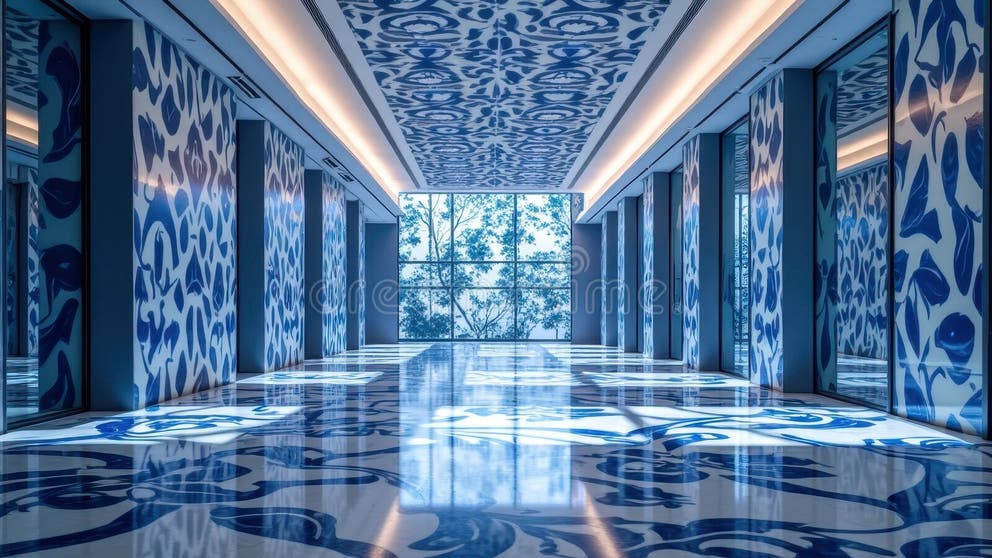 Sunlit Corridor with Blue and White Ornate Patterns and Large Windows ...