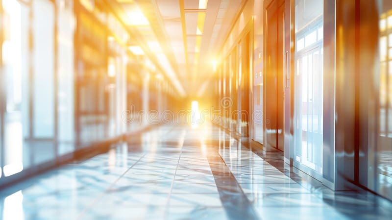 Sunlit Corridor with Glass Walls Stock Illustration - Illustration of ...